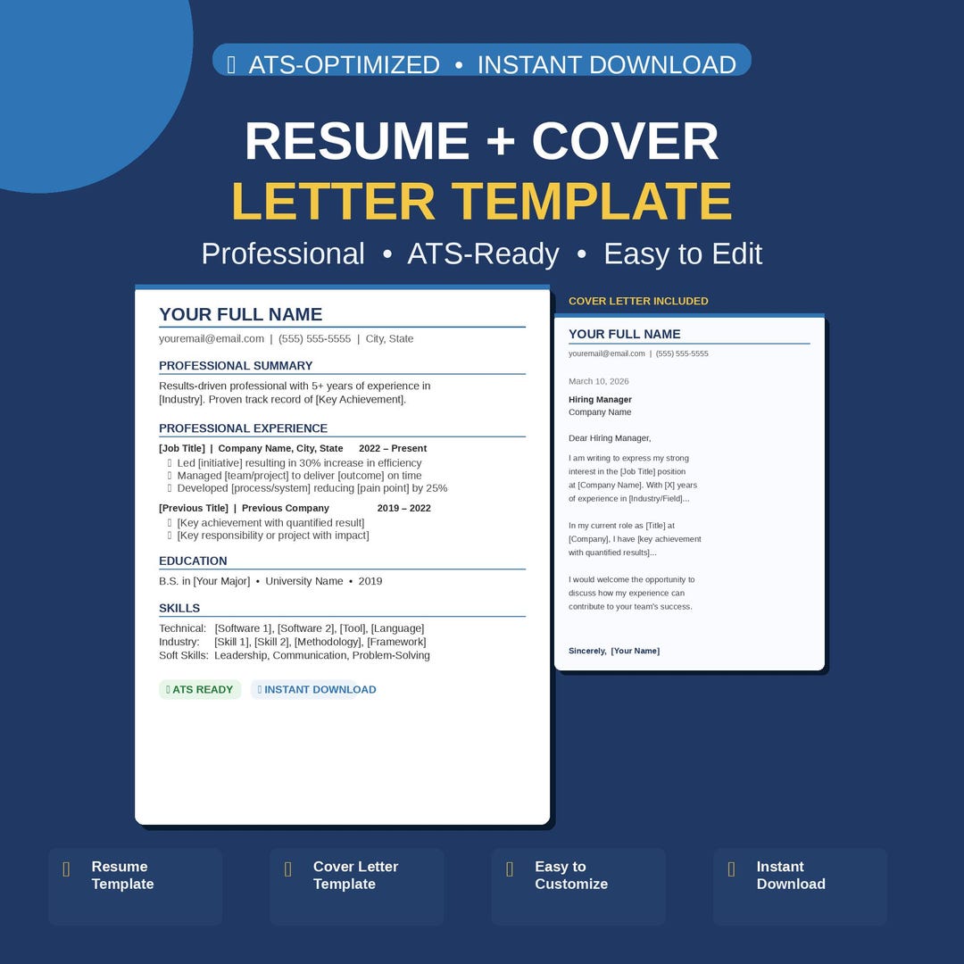 ATS Resume Template + Cover Letter | Professional Resume Template Word ...
