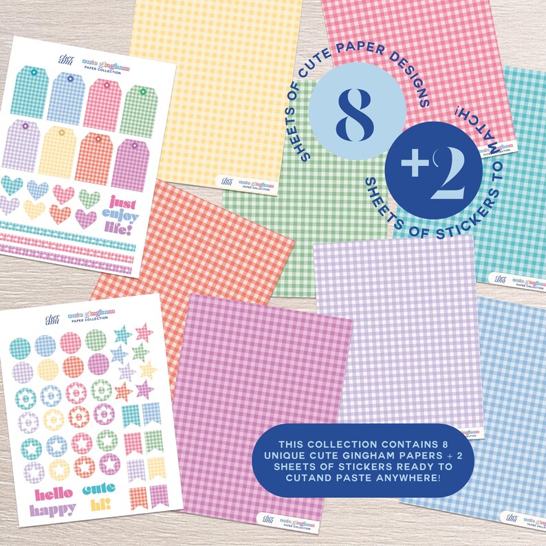 Printable A4 Gingham Paper Digital Kit, Scrapbooking, Pastel Stationery ...
