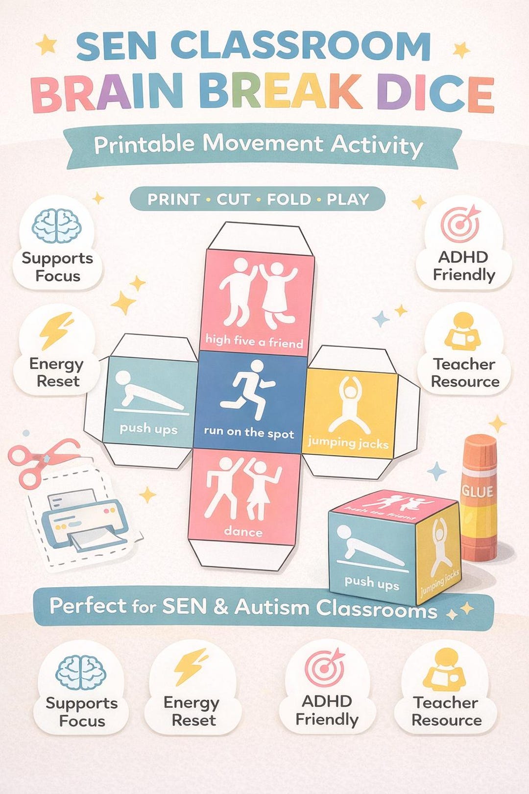 Brain Break Movement Dice for Classroom | Printable Activity Cube ...