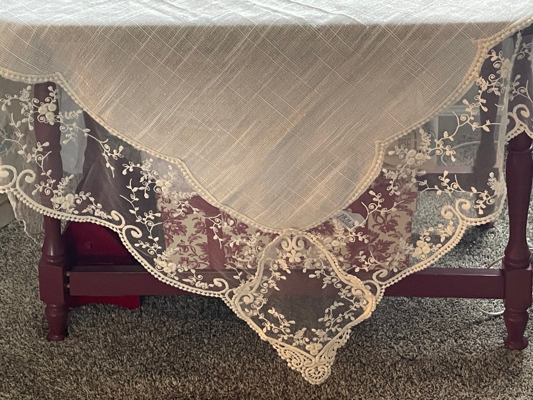 House & Garden Formal Tablecloth, 54” Sq, 6” Embroidered Scalloped Lace ...