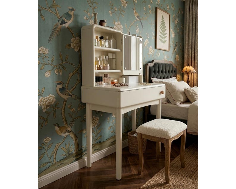 Solid Wood Vanity Desk With Rotatable Mirror, White Bedroom Dressing ...