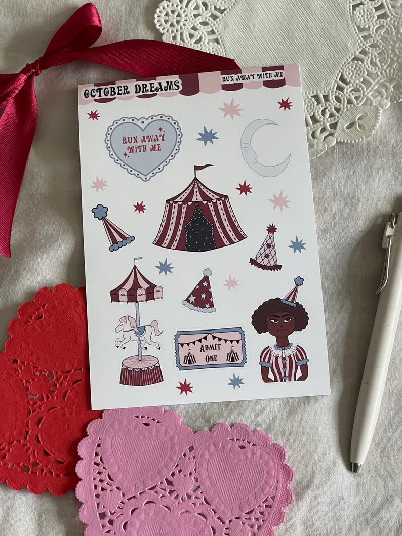 Run Away With Me Sticker Sheet | Whimsy Circus Funfair Theme Junk ...