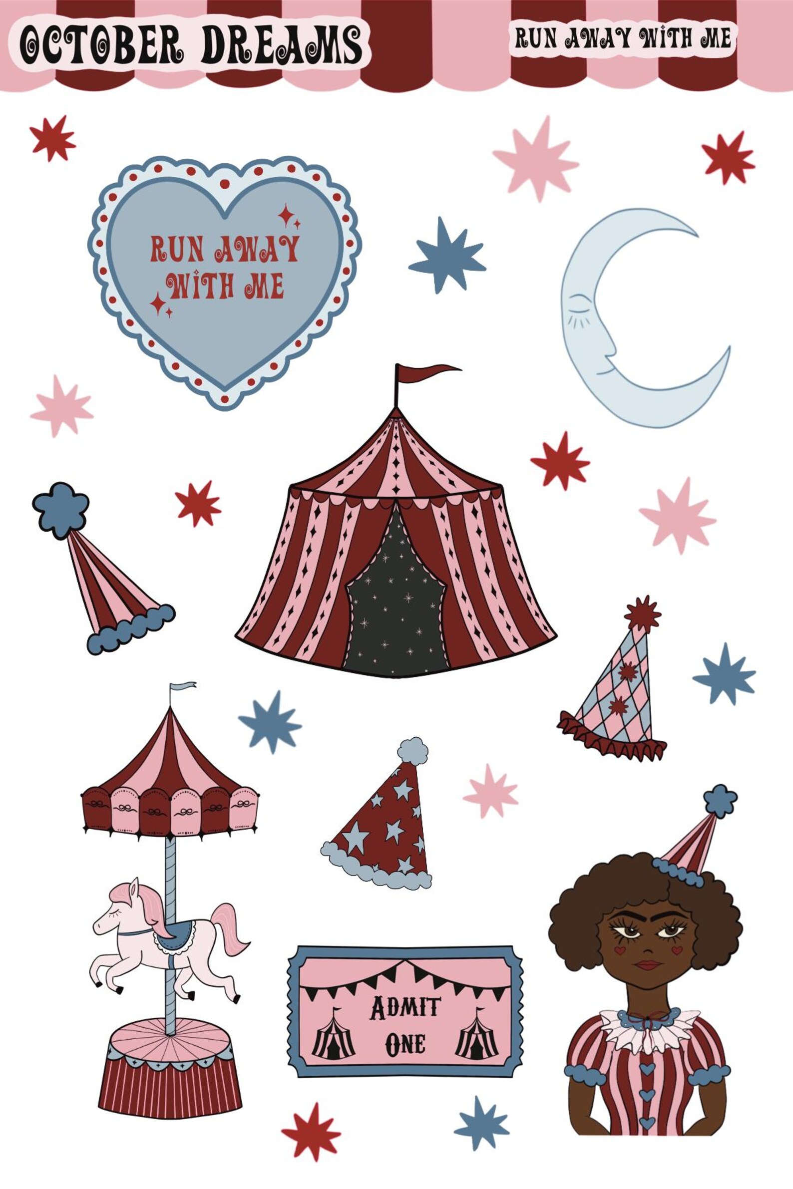 Run Away With Me Sticker Sheet | Whimsy Circus Funfair Theme Junk ...