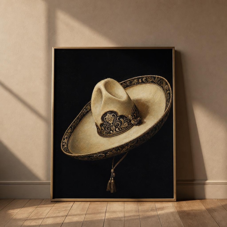 Mexican Sombrero Wall Art, Charro Hat Print, Black Gold Mariachi Poster ...