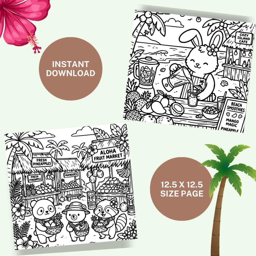 Hawaiian Animal Coloring Book | Tropical Island Scenes, Cozy Relaxation ...