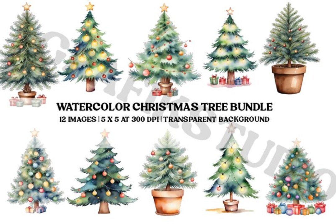 Watercolor Christmas Trees PNG Bundle | Digital Download Clipart ...