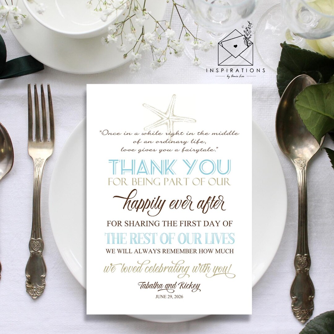 Reception Thank You Note, Wedding Place Setting, Table Tops, Day of ...