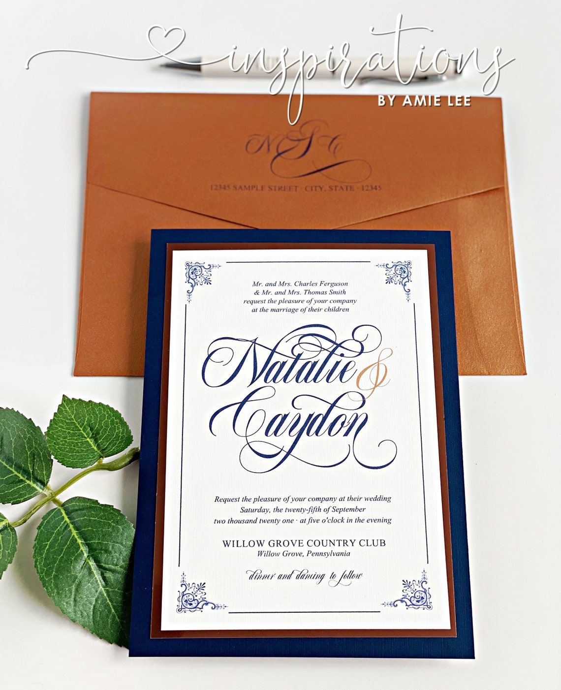Classic Wedding Invitations Copper Navy Blue Elegant | Etsy