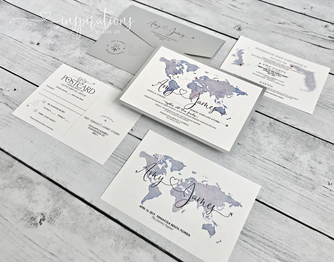 Travel Theme Wedding Invitations Map Invitations Destination - Etsy