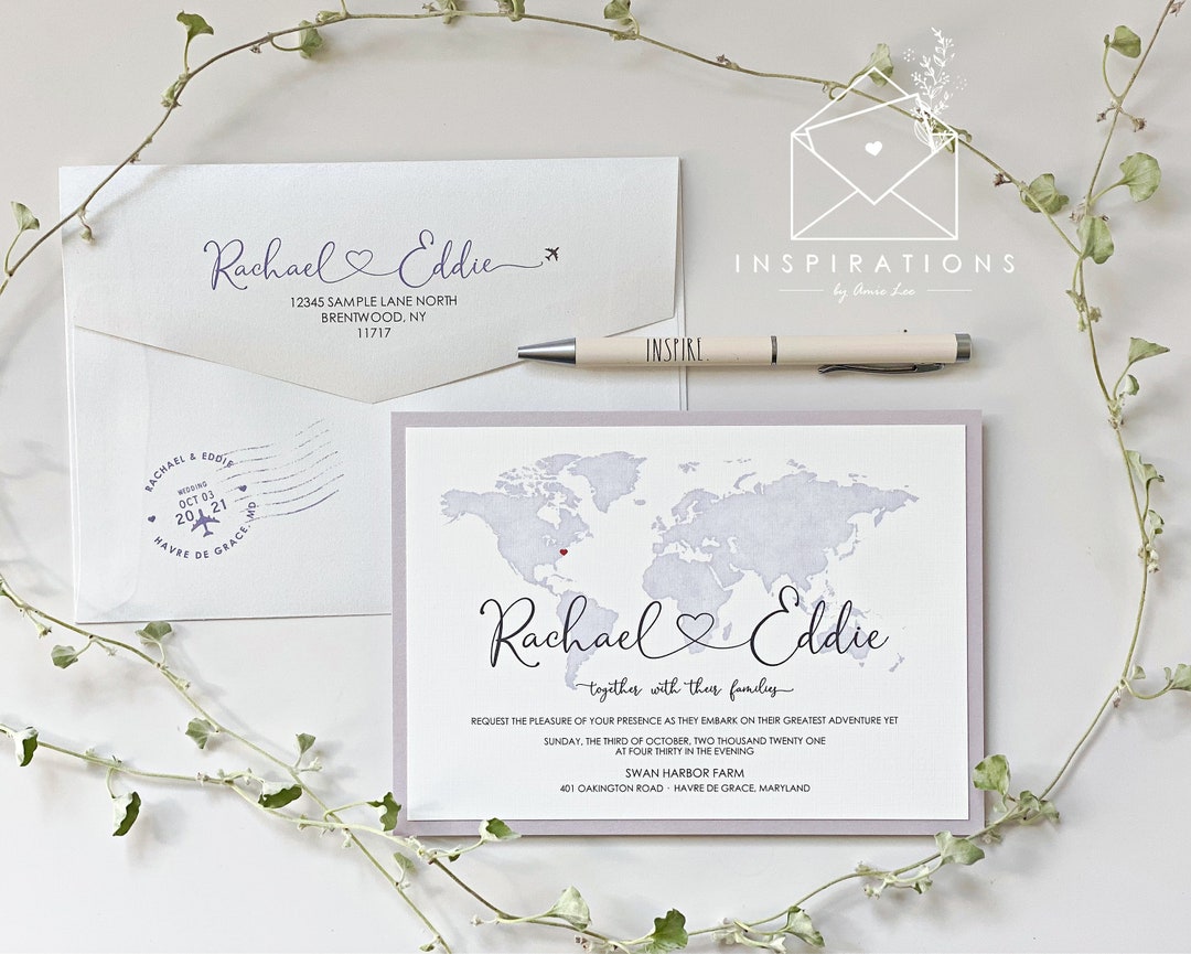 Travel Map Wedding Invitations, World Map Invitations, Travel Theme ...