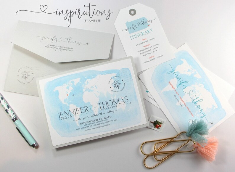 Travel Map Wedding Invitations World Map Invitations Travel - Etsy