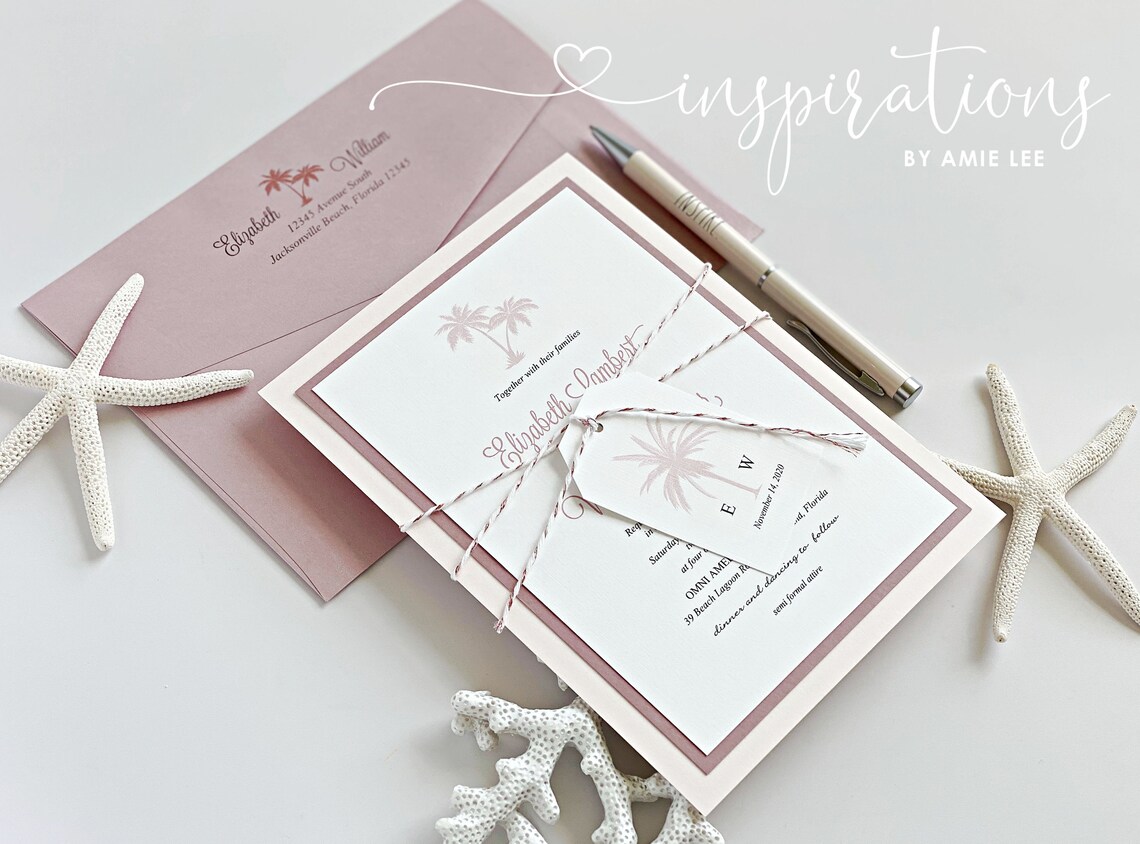 Elegant Beach Wedding Invitations Palm Trees Dusty Blue - Etsy