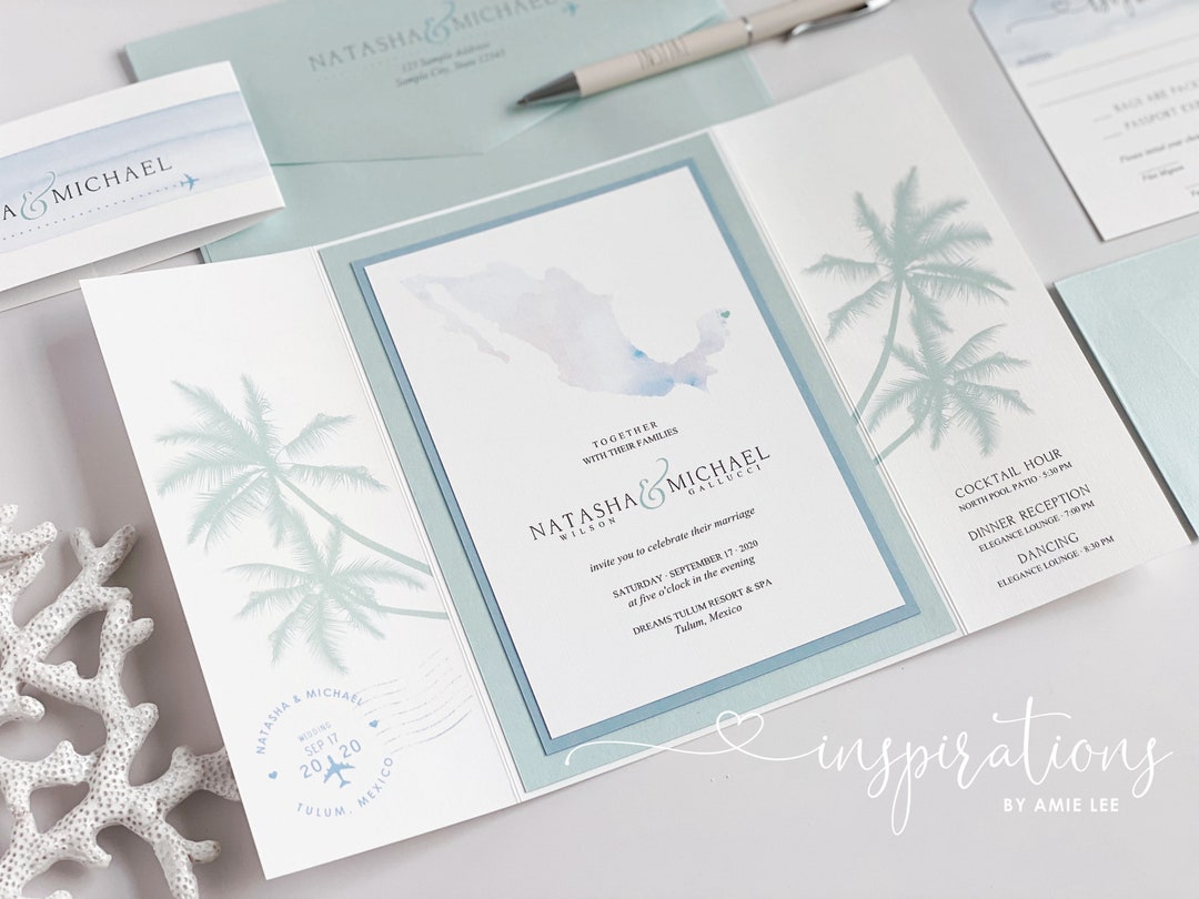 Watercolor Mexico Destination Wedding Invitations: Aqua Palm Gatefold ...