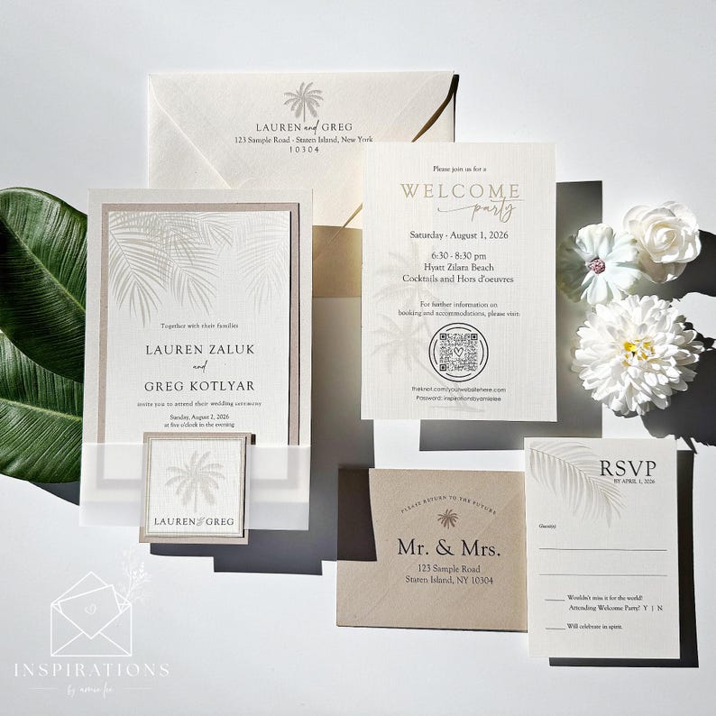 Beach Wedding Invitations, Elegant Coastal Invites, Palms, Neutral ...