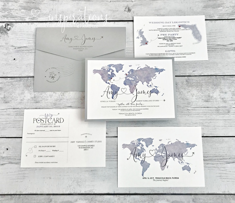 Travel Map Wedding Invitations World Map Invitations Travel - Etsy