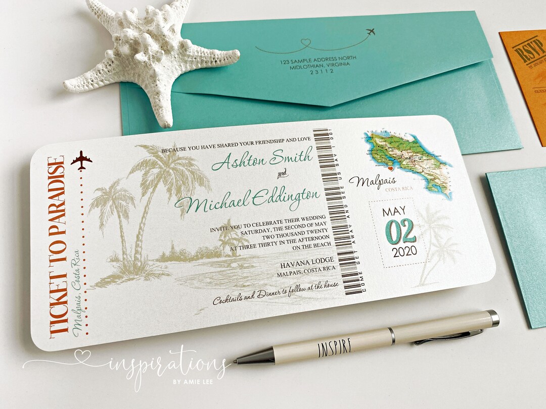 Costa Rica Destination Wedding Invitations: Boarding Pass Plane Ticket ...