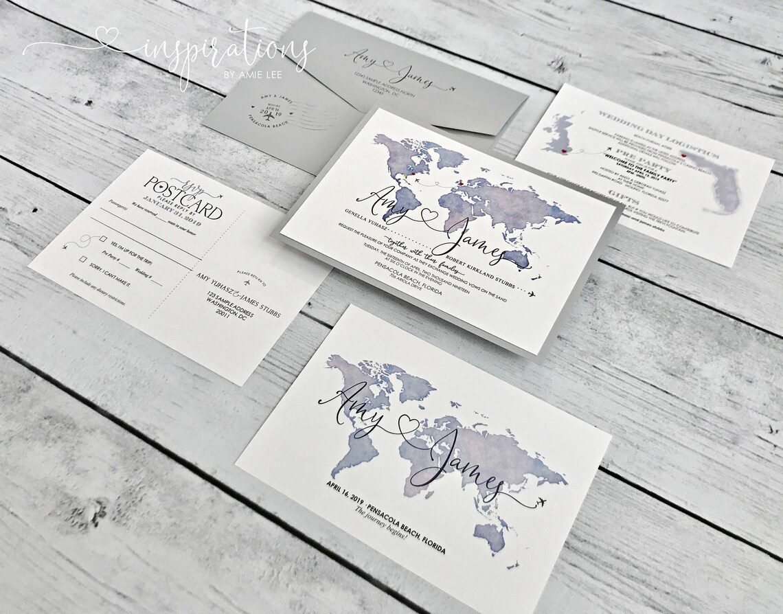 Travel Map Wedding Invitations World Map Invitations Travel - Etsy