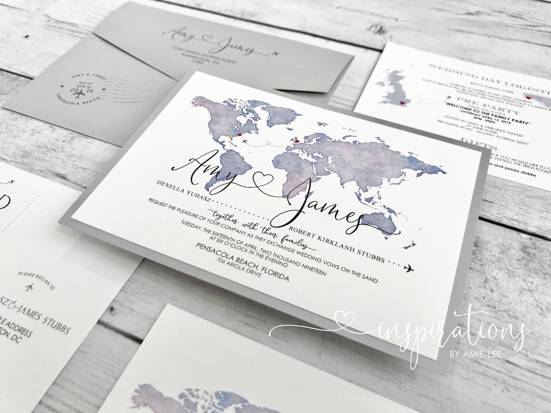 Travel Map Wedding Invitations, World Map Invitations, Travel Theme ...