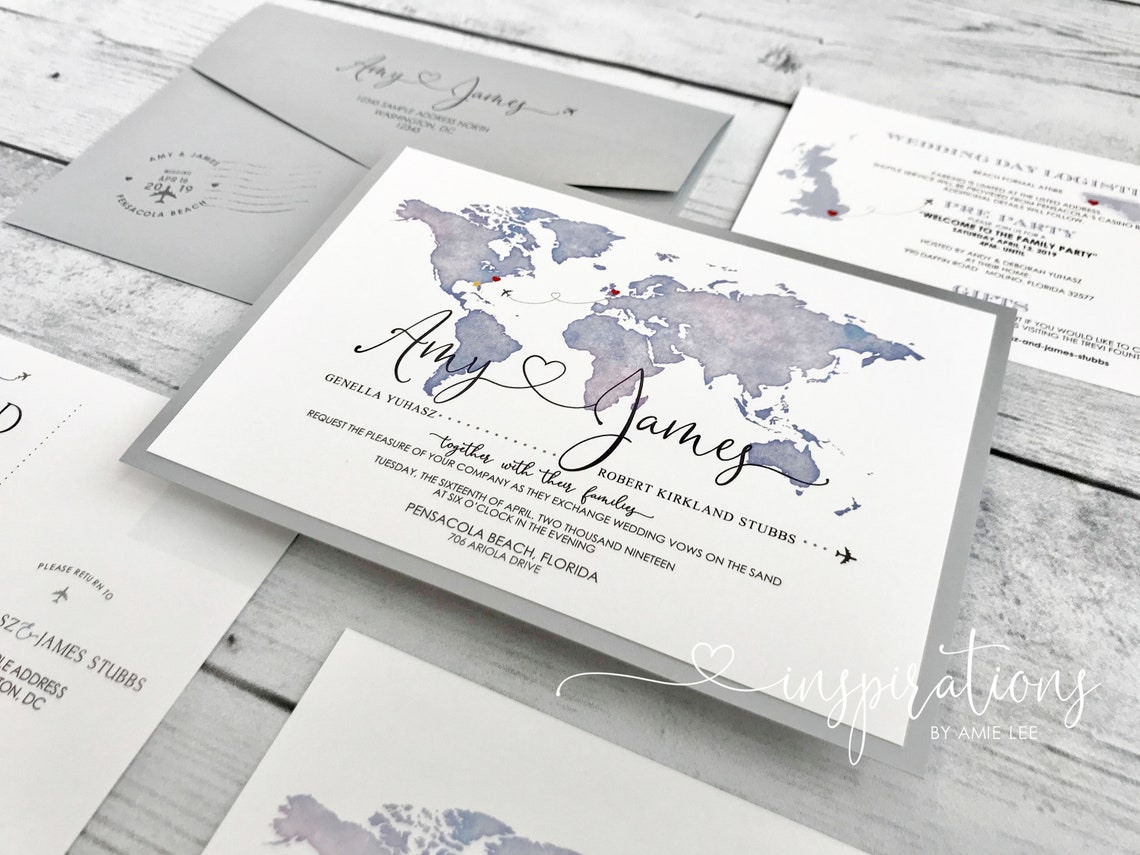 Travel Map Wedding Invitations World Map Invitations Travel - Etsy