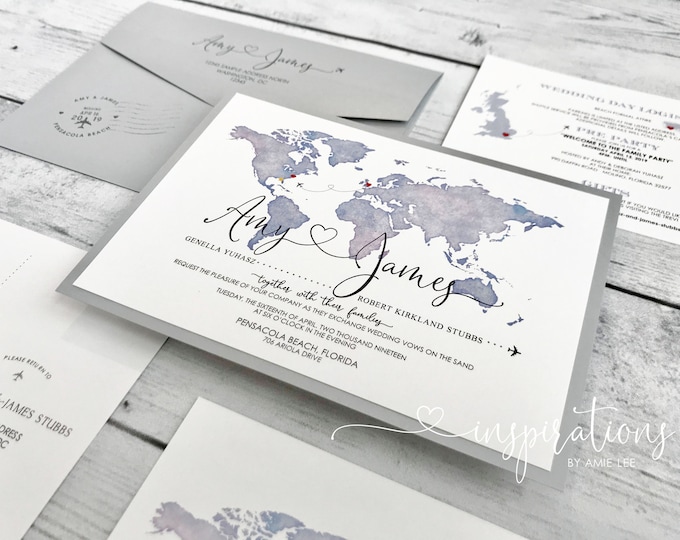 Travel Map Wedding Invitations, World Map Invitations, Travel Theme ...