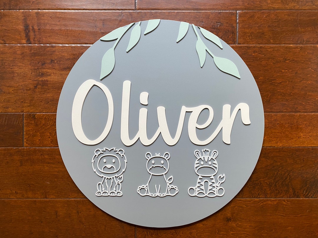 Large Wooden Sign for Nursery Safari Animals Jungle Animals Round Name ...