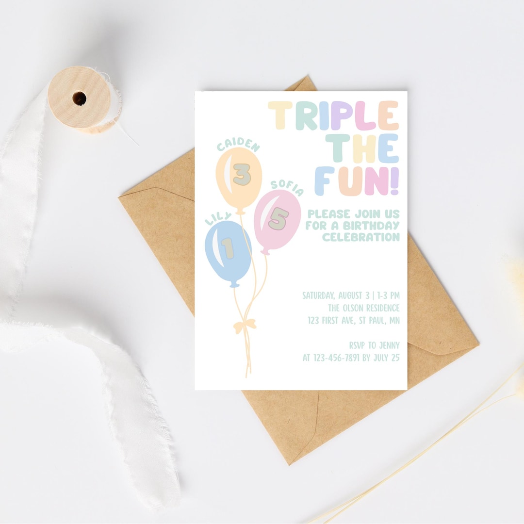 Triple Birthday Invitation Template, Joint Party Invite for 3 Kids ...