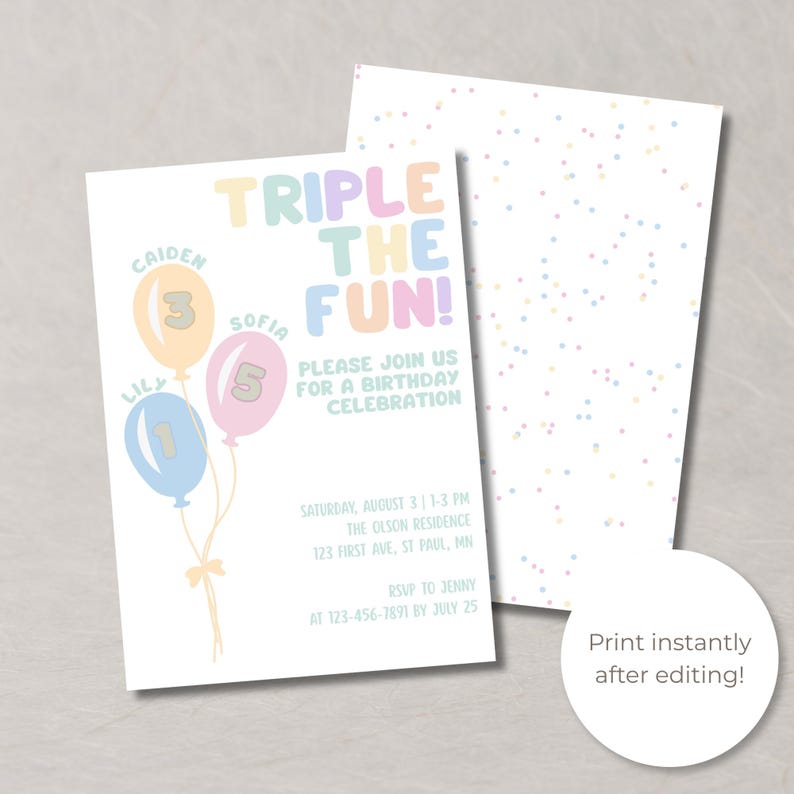 Triple Birthday Invitation Template, Joint Party Invite for 3 Kids ...
