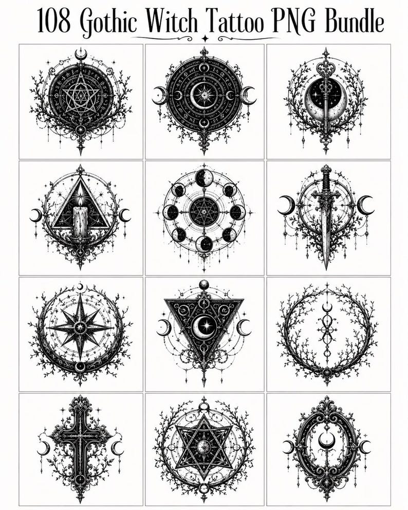 Gothic Witch Tattoo PNG Bundle, 108 Occult Flash Designs, Dark Goddess ...