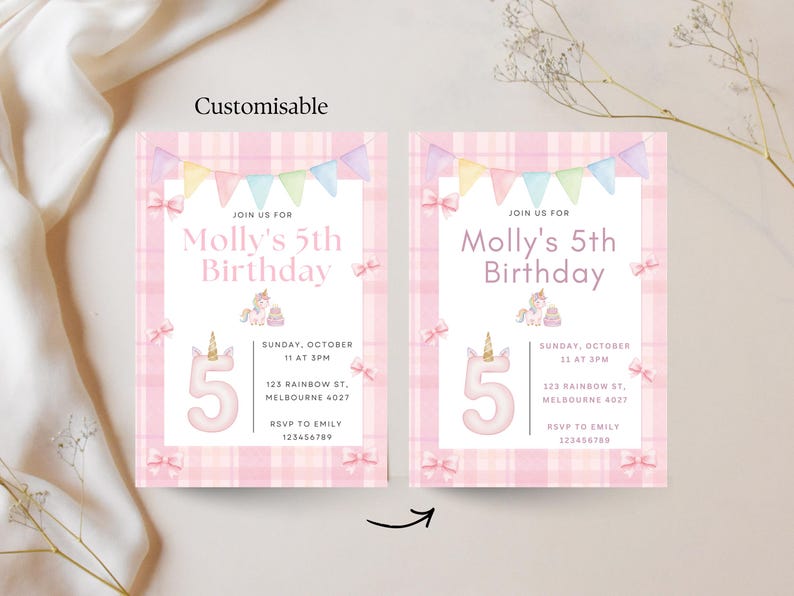 Editable Unicorn 5th Birthday Invitation, Pink Plaid Girls Invite ...