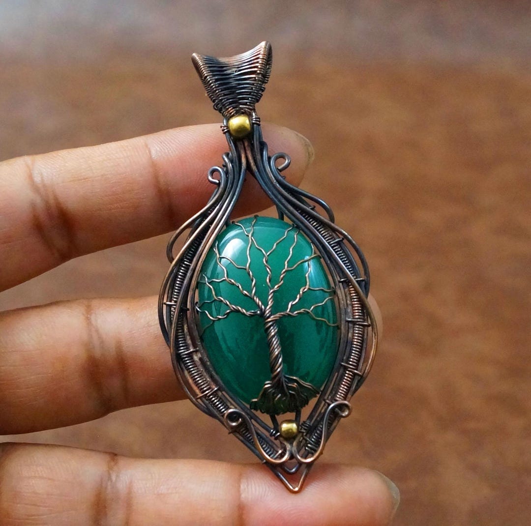 Handmade Green Onyx Tree of Life Copper Pendant Gemstone Copper Wire ...