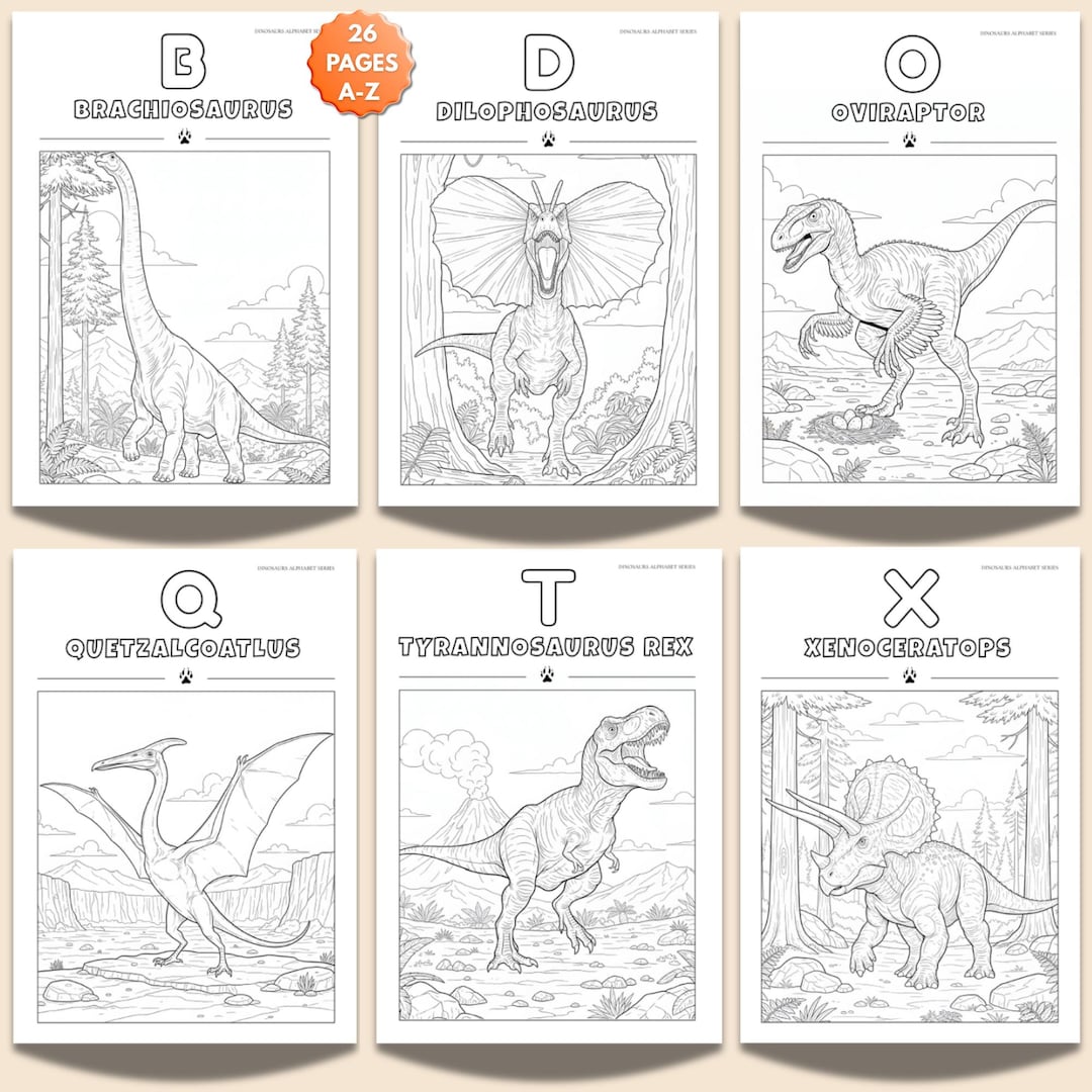 Dinosaur Alphabet Coloring Pages, Printable A-Z Kids Activity Book (PDF ...
