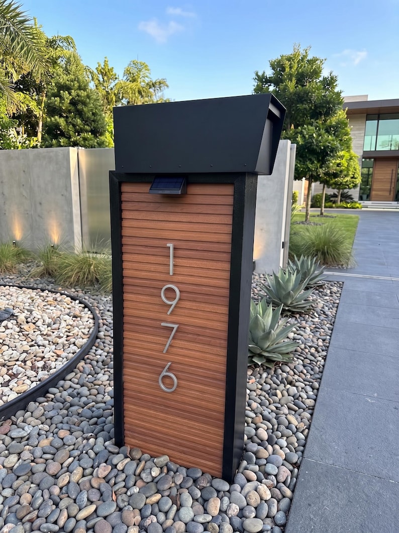 Modern Wood Slat Mailbox With Vertical House Numbers, Custom ...