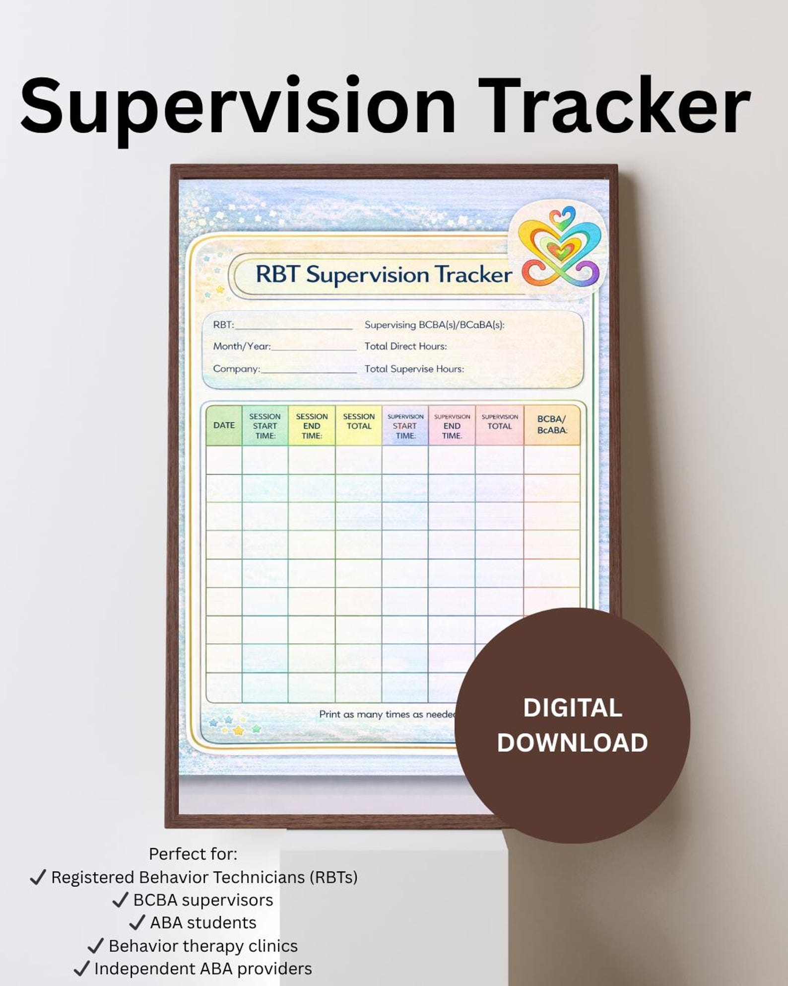 RBT Supervision Tracker Printable | Monthly RBT Hours Log | ABA ...