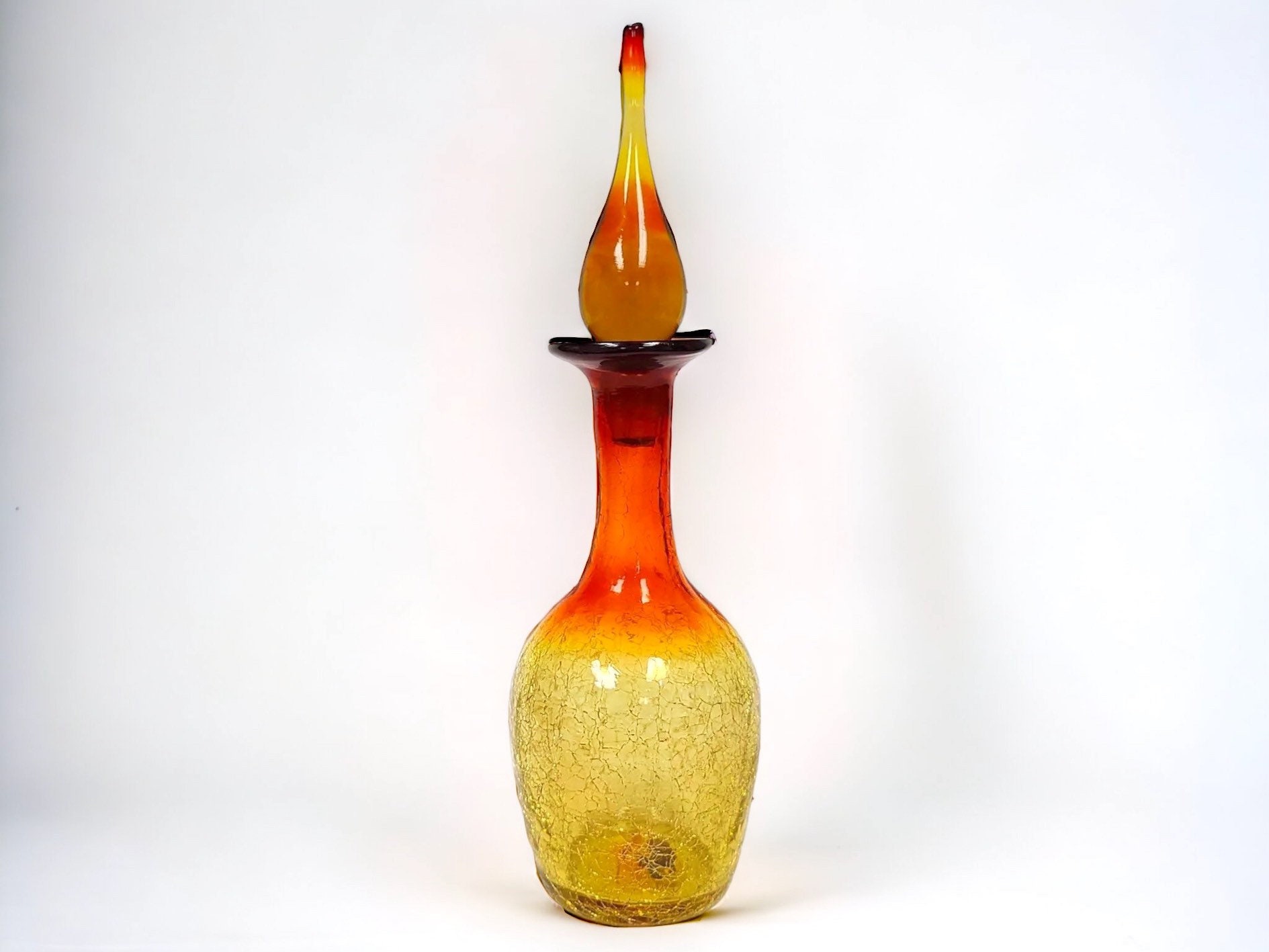 1960's Amberina Crackle Glass Decanter & Stopper, Hand Blown by Rainbow ...