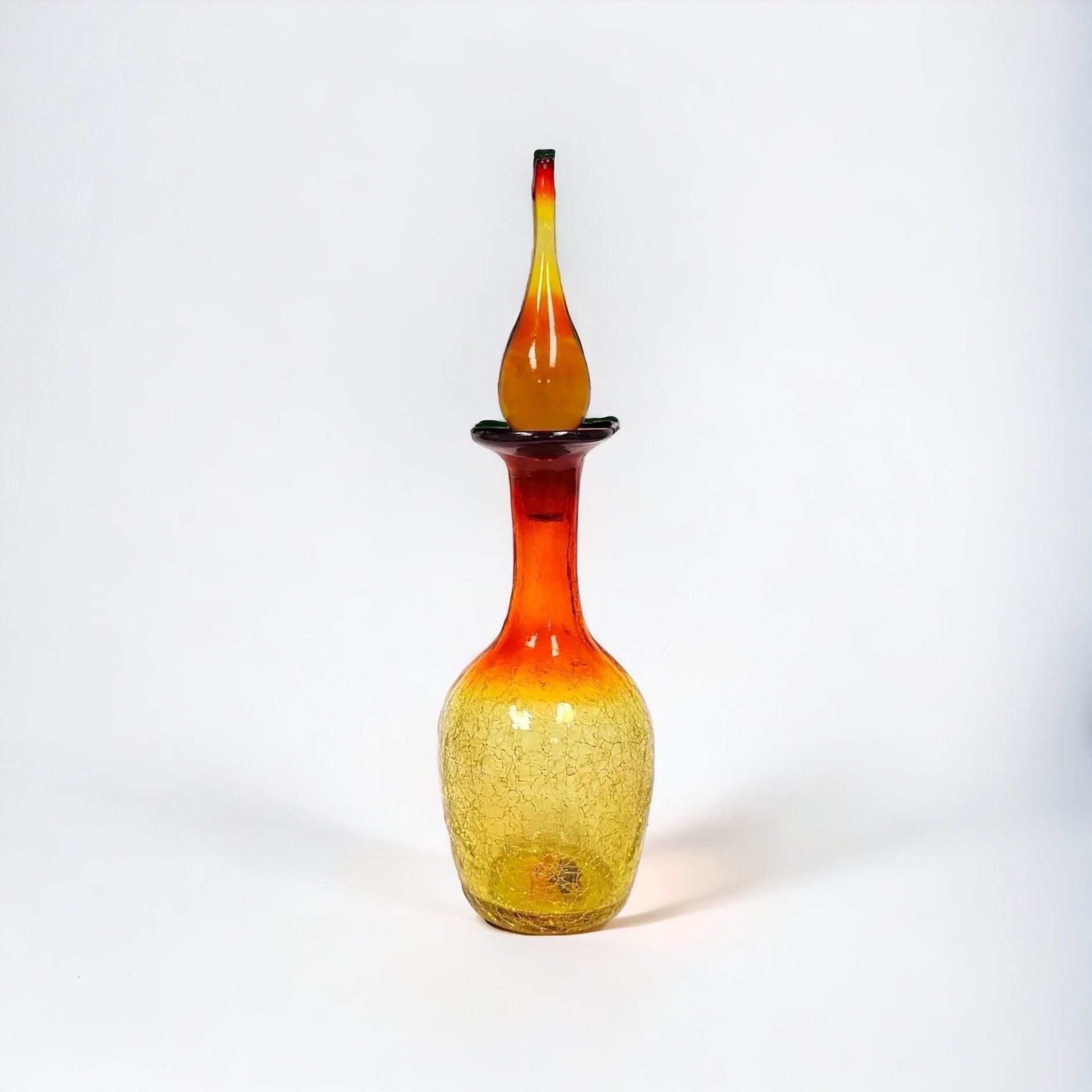 1960's Amberina Crackle Glass Decanter & Stopper, Hand Blown by Rainbow ...