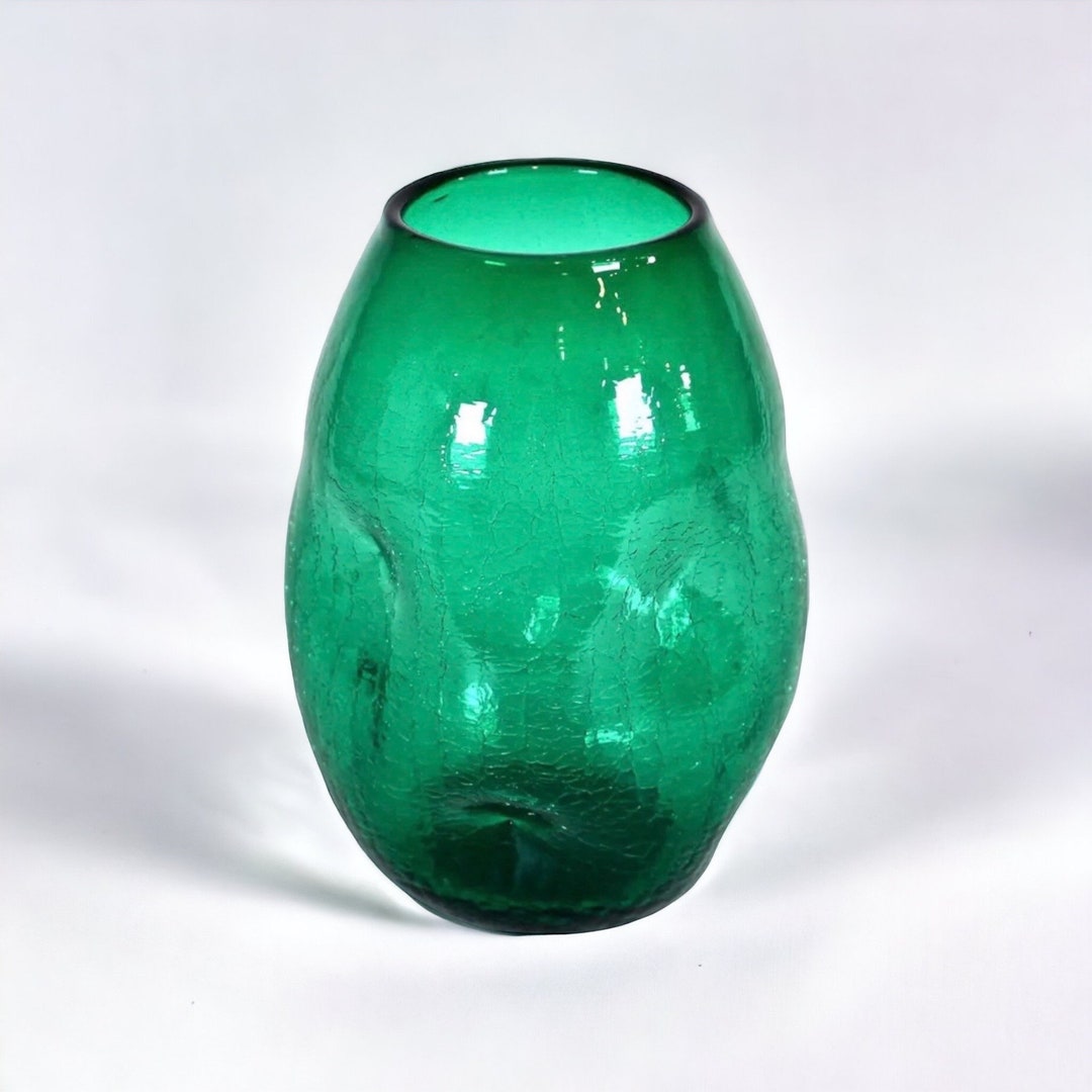 1960’s Green Vase by Pilgrim, Hand Blown Crackle Glass From Mid Century ...