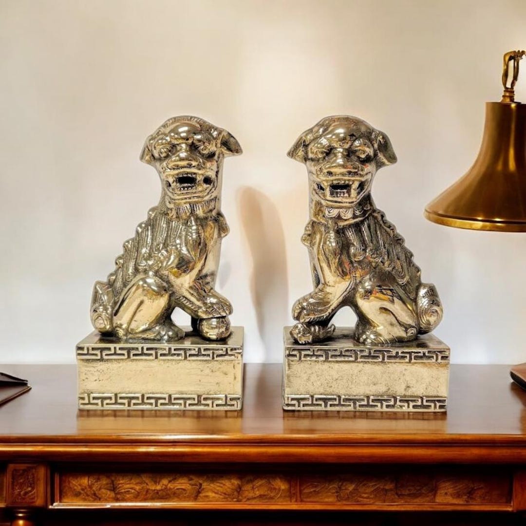1960's Polished Brass Foo Dog Bookends W/ Greek Key Pedestal Bases - Etsy