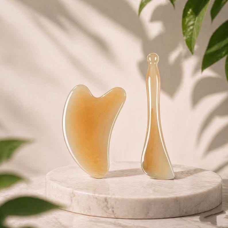 Set Gua Sha in resina d'ambra, bacchetta per massaggio facciale ...