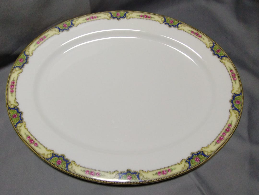 Elite Limoges Oval Platter | Victorian Pink Roses, Blue Border Serving ...