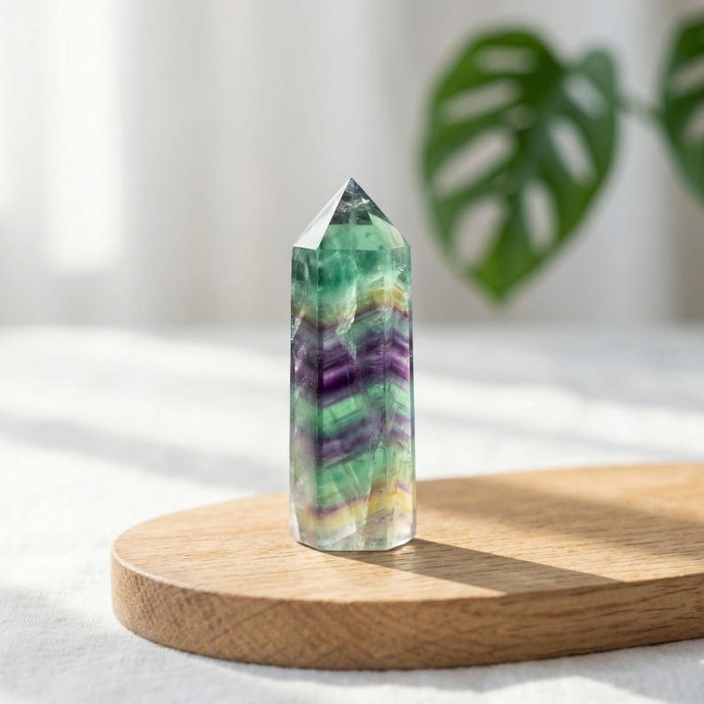 Natural Rainbow Fluorite Crystal Point Tower, Hexagonal Obelisk Home ...