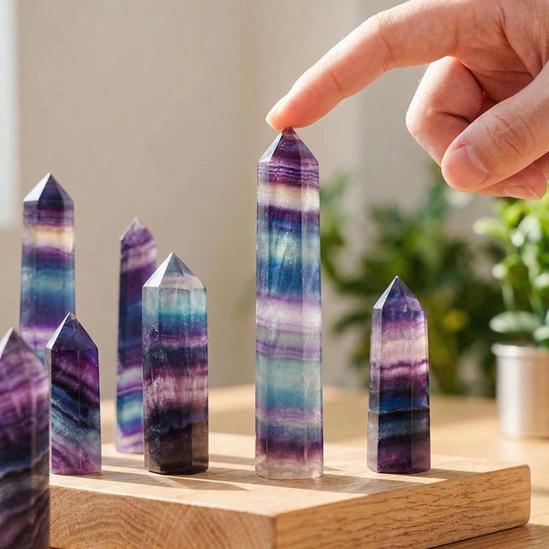 Natural Rainbow Fluorite Crystal Point Tower, Hexagonal Obelisk Home ...