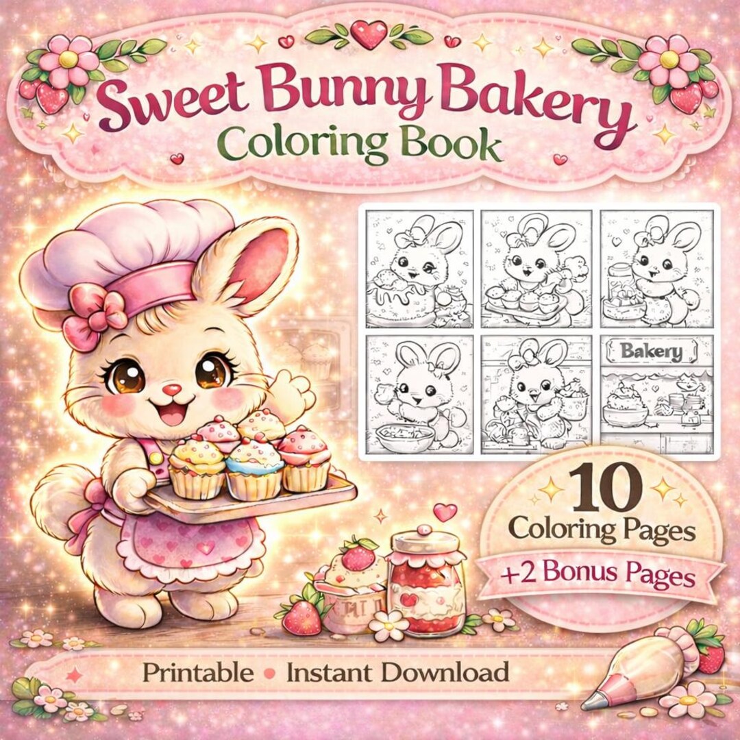 Easter Bunny Coloring Pages for Kids Printable PDF, Cute Bunny Bakery ...