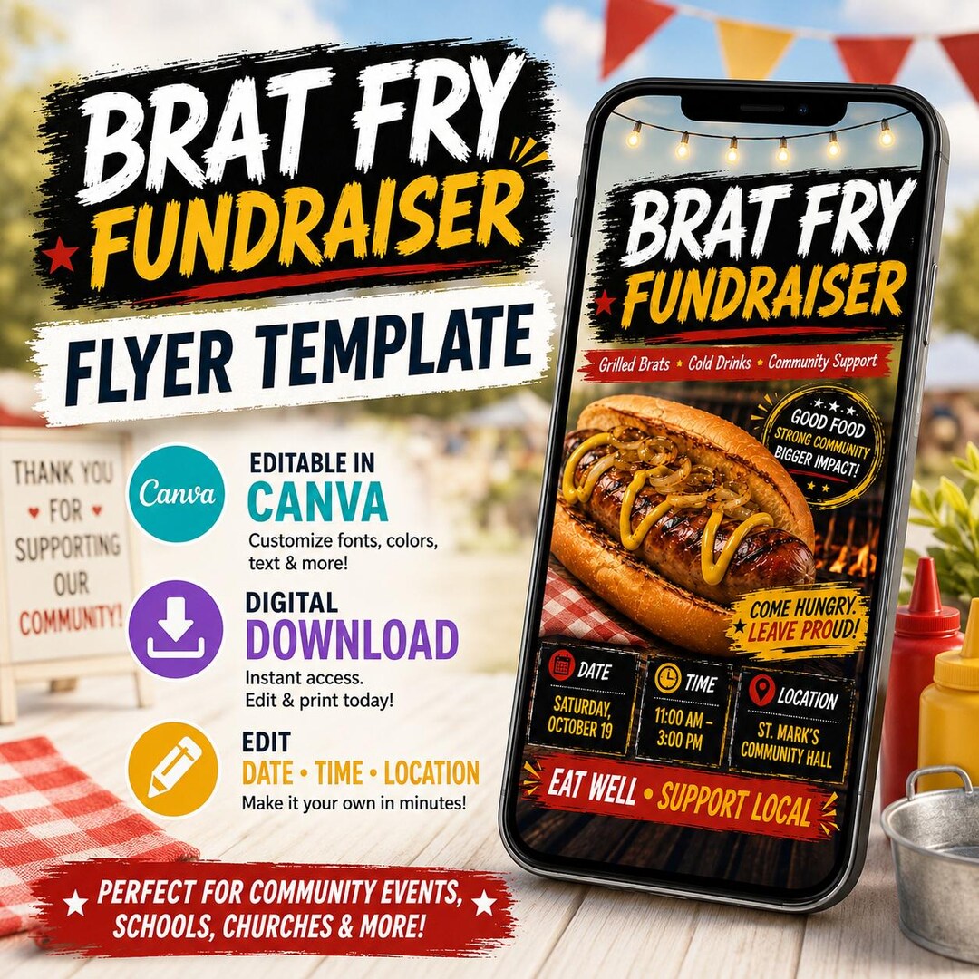 Brat Fry Flyer Template, Editable Canva Fundraiser Poster, Bratwurst ...