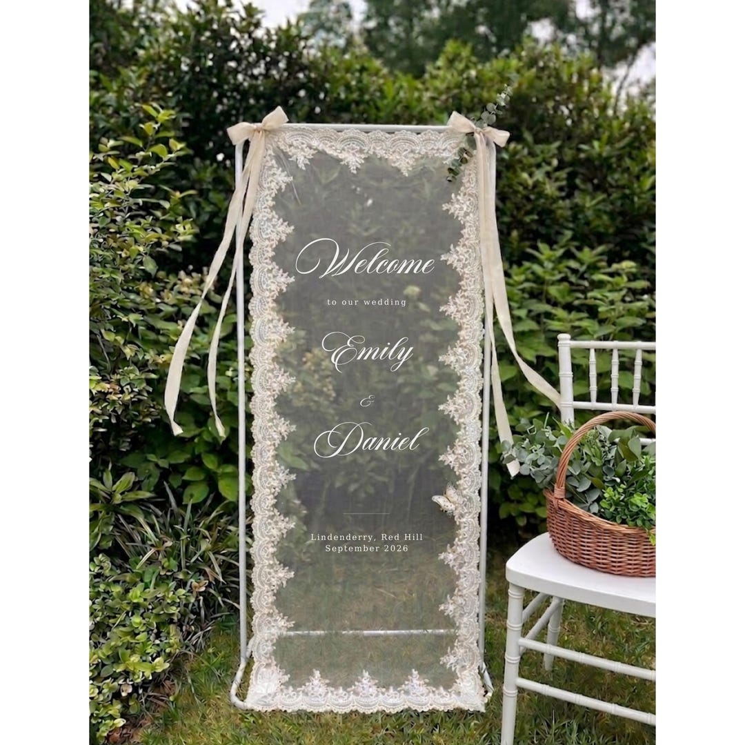 Romantic Lace Welcome Sign: Clear Sheer Tulle Wedding Signage, Fabric ...