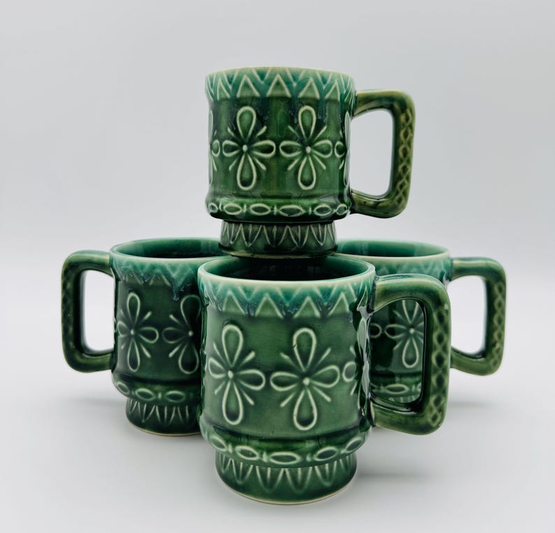 Vintage 70s Green Drip Glaze Mug Set: Boho Floral Ceramic, Made in ...