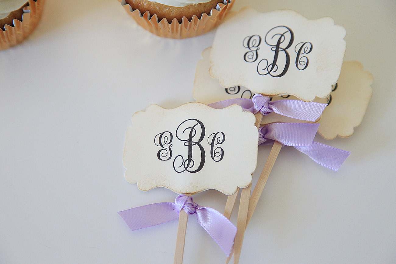 Monogram Cupcake Toppers, Weddings, Bridal Shower, 12 Cupcake Toppers ...