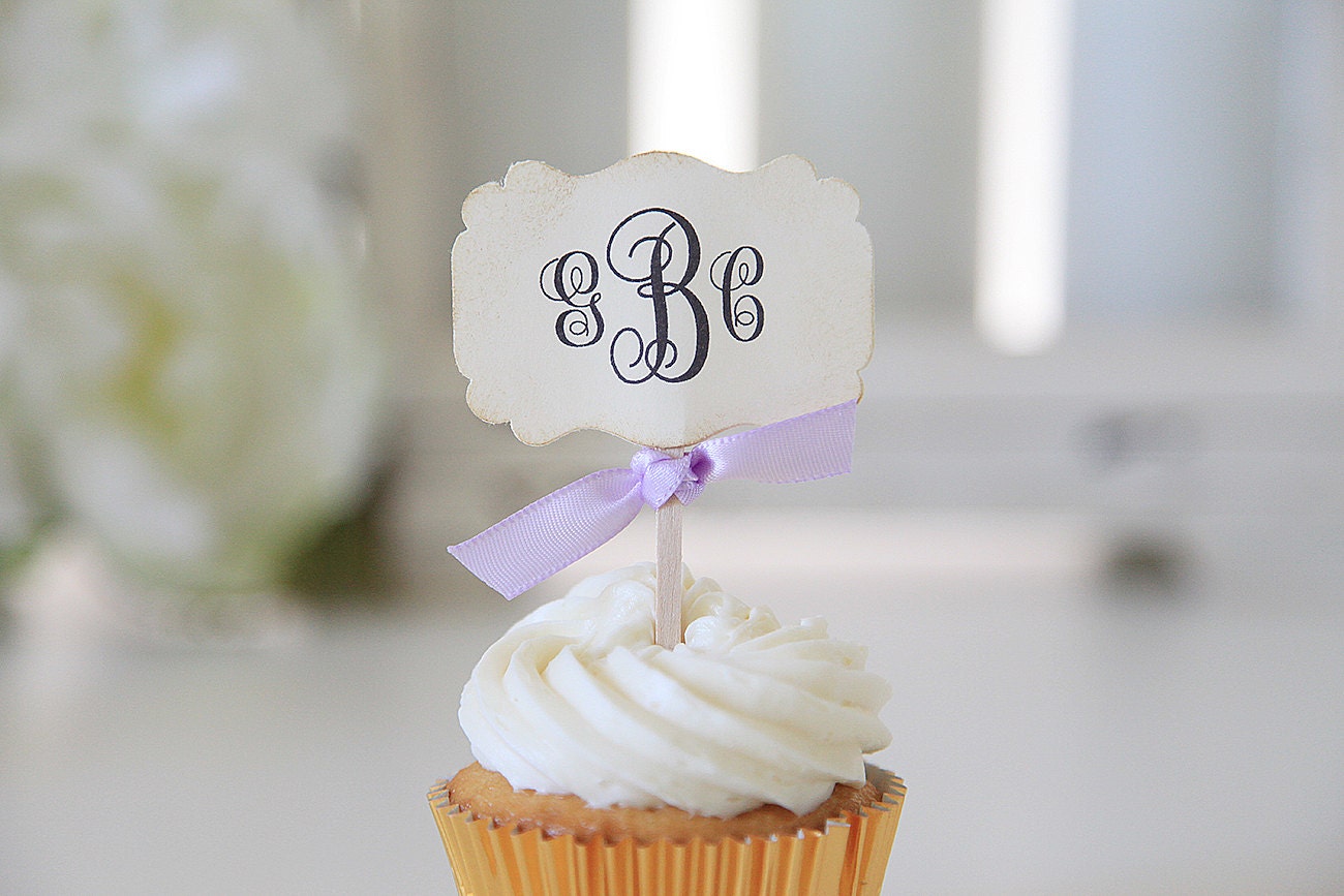 Monogram Cupcake Toppers, Weddings, Bridal Shower, 12 Cupcake Toppers ...