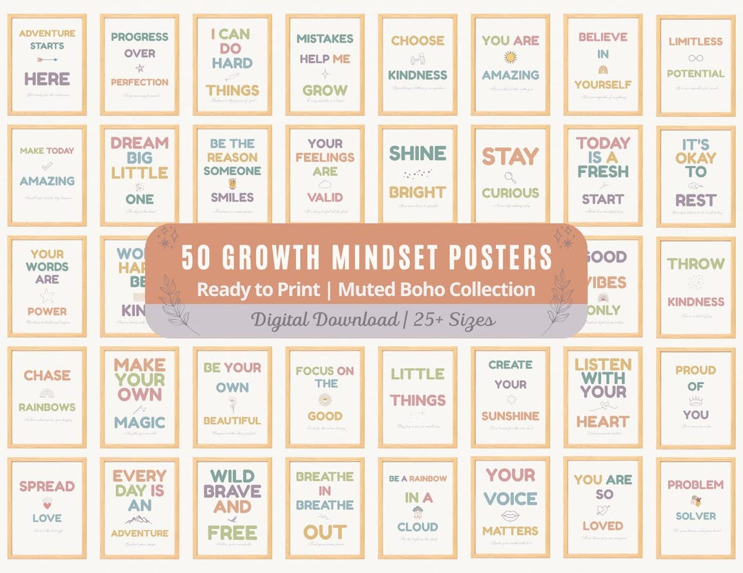 Set of 50 Boho Growth Mindset Posters, Muted Rainbow Classroom Decor ...