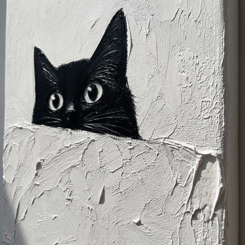 Black Cat Peeking Painting, Impasto Acrylic Texture Wall Art - Etsy