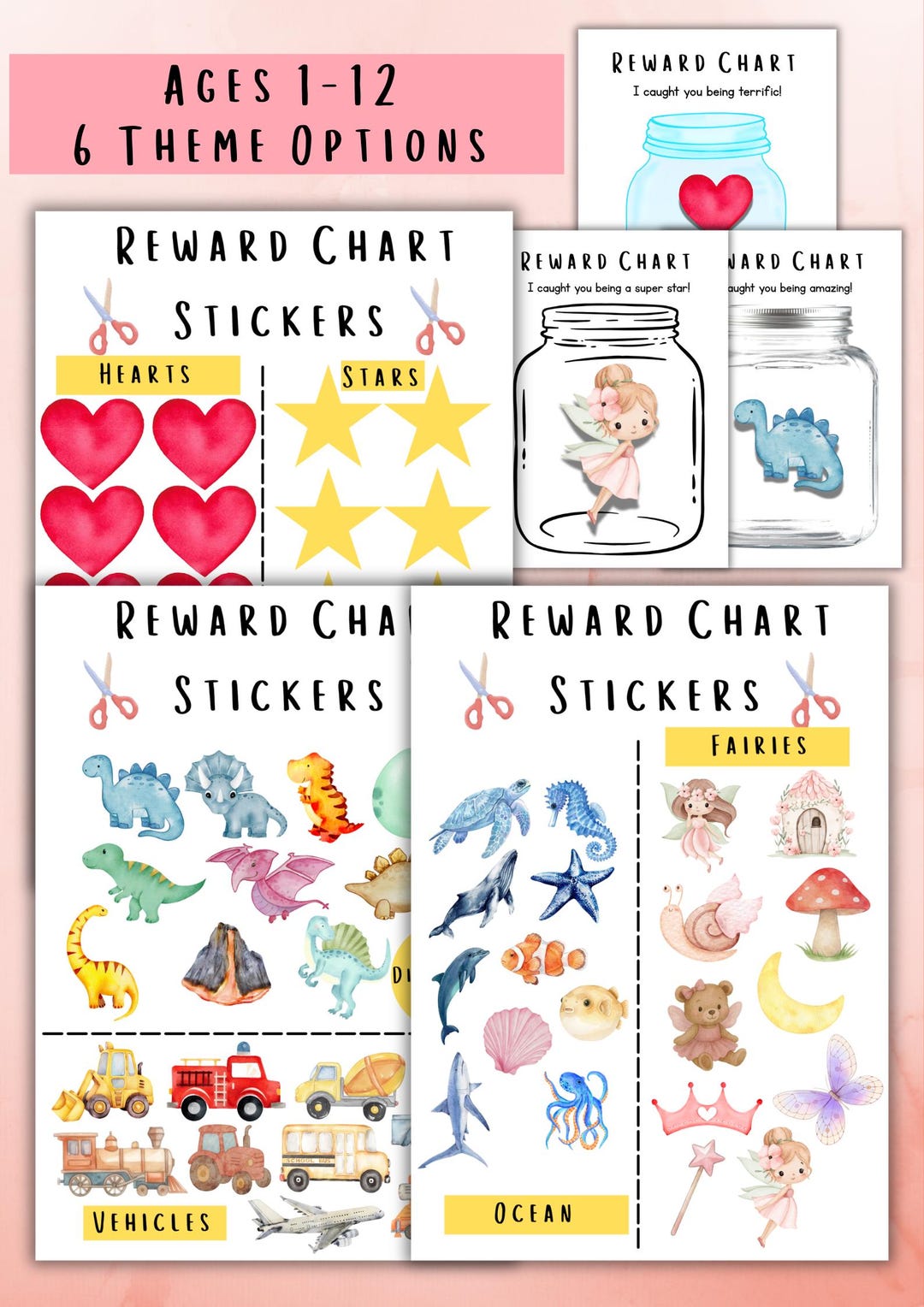 Reward Chart | Printable Display | Ages 1-12 | Hearts, Stars, Dinosaur ...